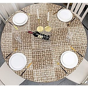 mimdmi Table Cloth, Fitted Round Plastic Vinyl Tablecloth with Flannel Backing and Elastic Edge, Waterproof Table Protector for Dining Room Table (Wicker, Large, 43-56 inch )