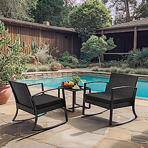 Homall Patio Furniture Set 3 Piece Resin Outdoor Bistro Set Rocking Patio Chairs with Cushions and Table for Porch, Poolside, Balcony and Yard (Black)