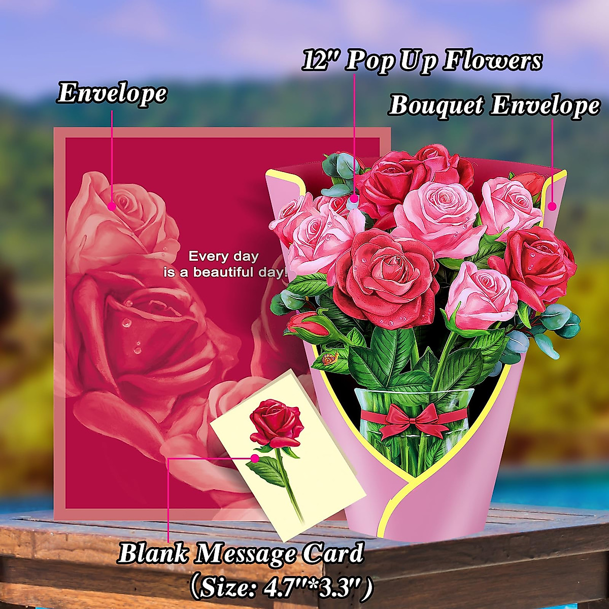 Airpark Paper Flowers Pop Up Cards, 12inch Rose, Greeting Cards Forever Flower Cards 3D Popup Cards with Note Card and Envelope for Christmas, Birthday Gifts for Women Kids, Holiday Decorations