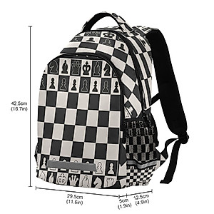 Black White Chess Board School Backpacks with Chest Strap for Teens Boys Girls,Lightweight Student Bookbags 17 Inch, Chess Pieces Casual Daypack Schoolbags