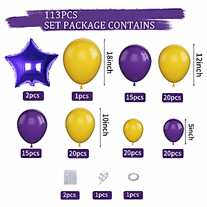 GREMAG Purple and Yellow Balloons, 113 Pcs Dark Purple Yellow Balloon Garland Kit, with Two 18inch Purple Star Foil Balloon, for Basketball Sport Theme Party Birthday Boys Anniversary Decorations