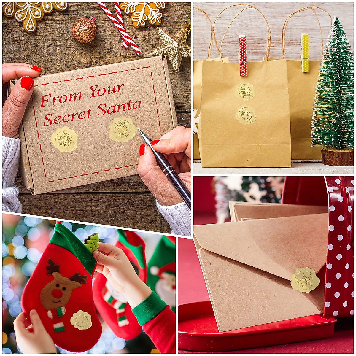 Gersoniel 480 Christmas Embossed Envelope Seals Stickers Wax Foil Seal Stickers Envelopes Self-Adhesive Seal for Greeting Card Wedding Party Decor(Funny Style,Gold)