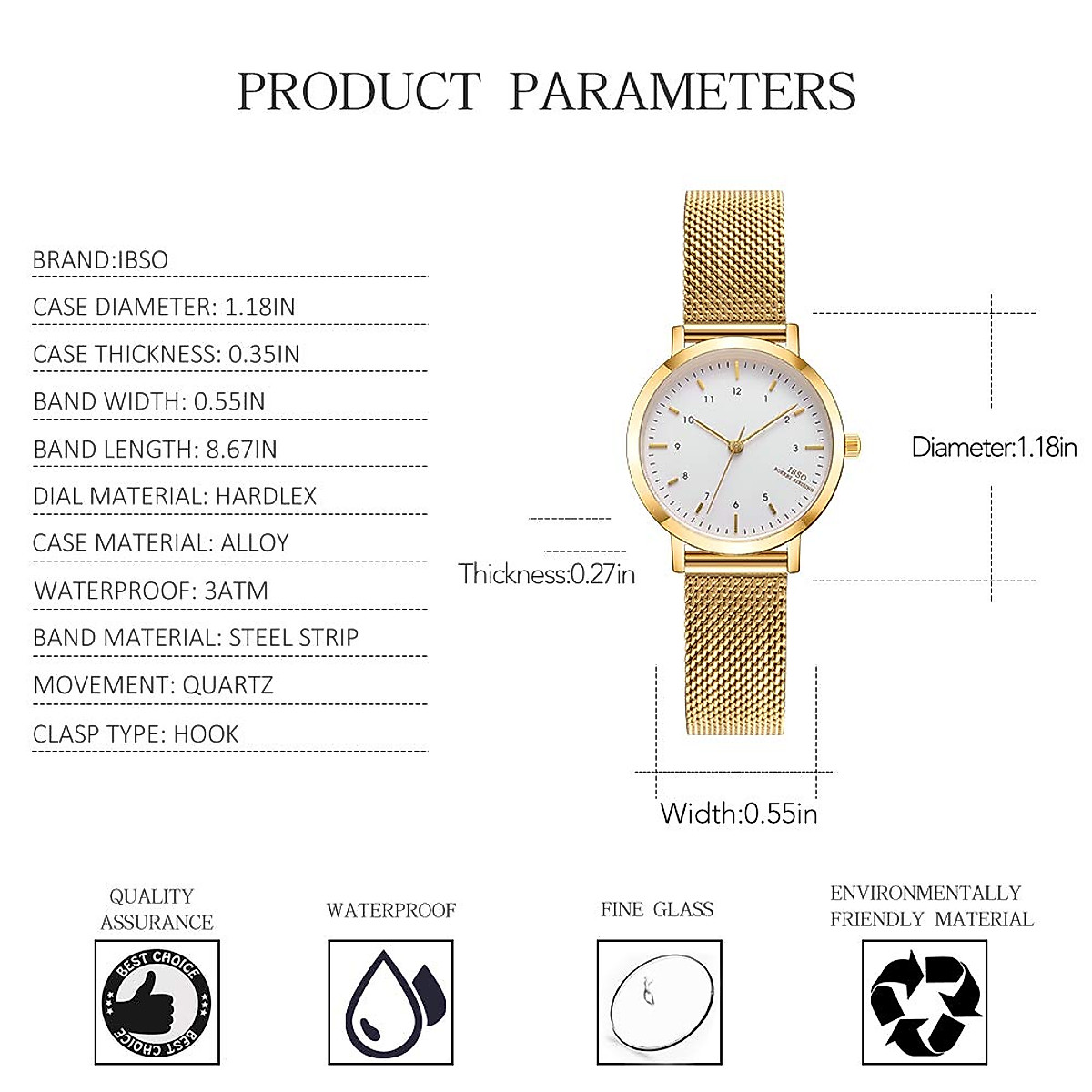 IBSO Women Stainless Steel Band Watches Ladies Quartz Wristwatches Waterproof Mesh Bracelet Watch Relogio Feminino (3639 Gold)