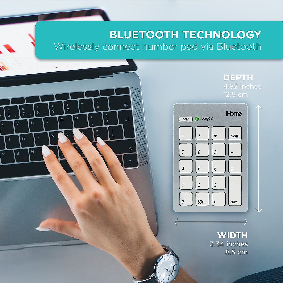 iHome Wireless Bluetooth 3.0 Slim Numeric Keypad Wide 20-Keys, Compact and Portable for Mac - Silver (IMAC-A201W)
