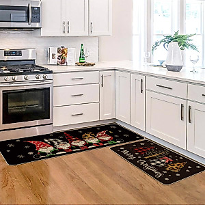 Artoid Mode Buffalo Plaid Tree Gnomes Black Christmas Kitchen Rugs Set of 2, Winter Low-Profile Floor Mat Merry Home Decora for Floor - 17x29 and 17x47 Inch