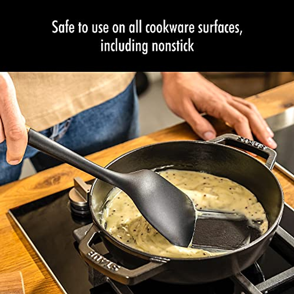 STAUB Wok Spatula, Perfect for Scooping, Flipping, Stirring, and Turning Stir Fries, One Size, Durable BPA-free Matte Black Silicone, Acacia Wood Handles, Safe for Nonstick Cooking Surfaces
