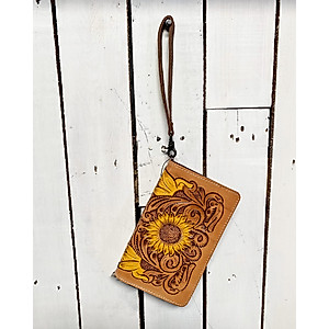 American Darling Womens Tooled Leather Sunflower Crossbody Clutch Purse, Brown