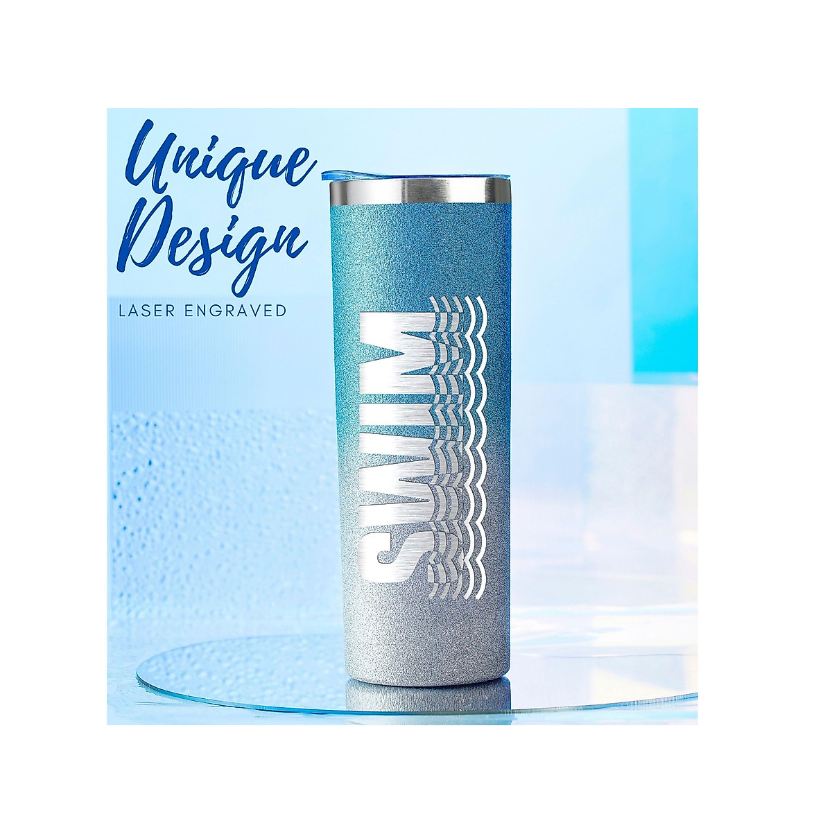 Onebttl Swimming Gifts, Swimmer Stainless Steel Skinny Tumbler for Women, Teen Girls, Teammate, Coach (20oz, Glitter Silver & Blue)-Swim