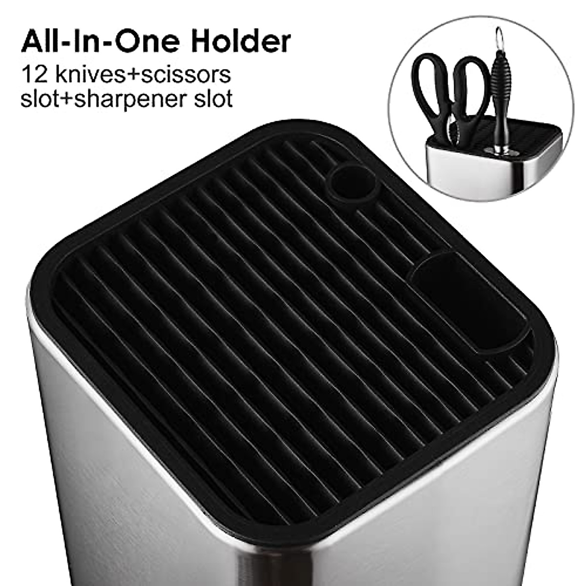 Universal Knife Block Without Knives,Modern Knife Holder for Kitchen Counter,Stainless Steel Knife Organizer with Scissors Slot & Sharpening Rod,Space Saver Rectangular Blocks & Storage - (Silver)