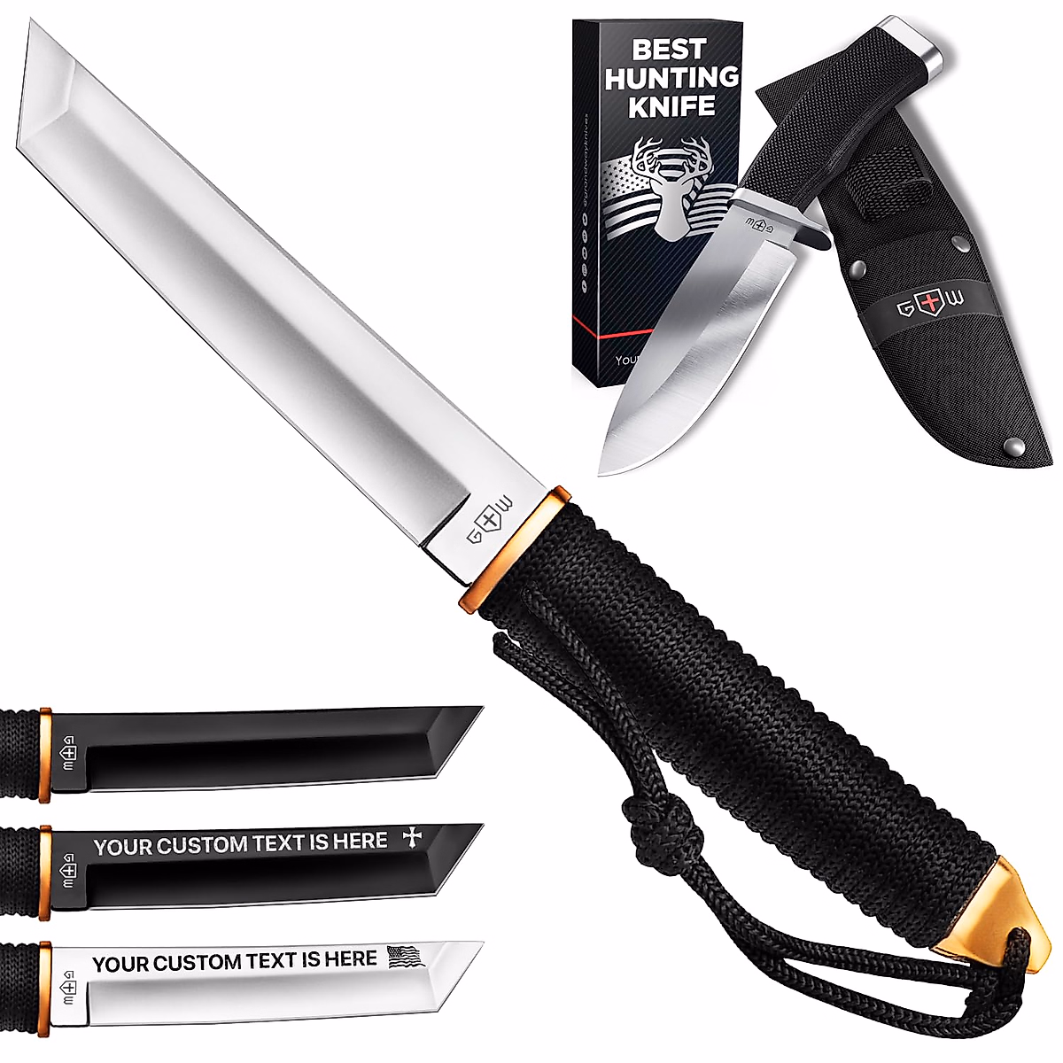 Grand Way Tanto Camping Knife with Sheath – 3+ Colors – 5.9" Fixed Full Tang Mirror Polished Blade – Hunting Knife with Sheath Survival Knives for Men