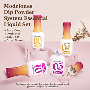 Modelones 4+4 Pcs Dip Powder Liquid Set, Dipping Powder System Set with Base Coat/Top Coat/Activator/Brush Saver/Manicure Tools for Nail Art DIY Salon