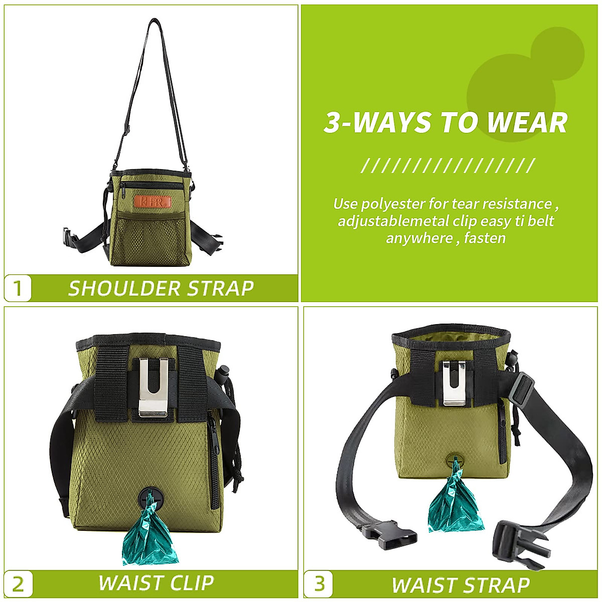KHPR Dog Treat Training Pouch Easily Carries Pet Toys Kibble, Treats Built-in Poop Bag Dispenser 3 Ways to Wear Comes with a Foldable Silicone Bowl(Army Green)