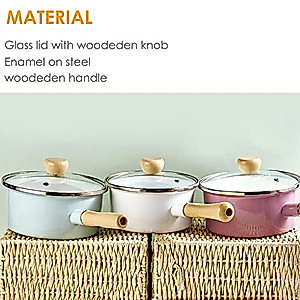 Saucepan, Enamel Sauce Pan Small Pot with Lid, Wooden Handle, 1.8 Quart (Blue)