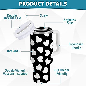 MCHIVER Heart Black 40 oz Tumbler with Handle and Straw Stainless Steel Vacuum Water Bottle Leak-proof Travel Coffee Mug Thermos Water Bottle for Iced Tea Coffee