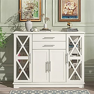 SEASD Functional Sideboard with Tempered Glass Large Storage Space Adjustable Shelf Buffet (White/Black)