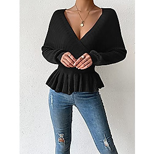 SweatyRocks Women's Deep V Neck Rib Knit Wrap Top Long Sleeve Ruffle Hem Peplum Sweater Black M