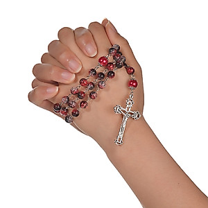 SALOMOCA Rosary 8mm Crystal Glass Beads Catholic Guadalupe Medal Red Beads Rosary Necklaces Perfect for Women Jewelry Christian Gifts in Customized Velvet Bag