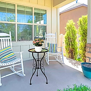 YardsBee Gecko Outdoor Side Table,Mosaic Patio Side Table,12 Inch Accent Round Side Table,Plant Table with Tile Top,Samll Metal Glass End Table for Garden Porch Patio Home