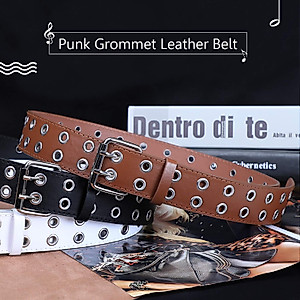 XZQTIVE Double Grommet PU Leather Belt for Women/Men Punk metal Jean Belt Wide 1.5 Inch, Black, Fit Pants 22-35 inch