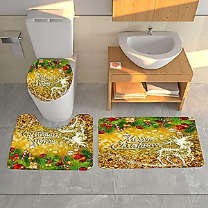 Casdseci 4Pcs Golden Christmas Shower Curtains Set with Non-Slip Rugs, Toilet Lid Cover and Bath Mat, Lucky Glowing Elk Waterproof Bathroom Curtain with 12 Hooks 72 x 72 Inch