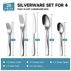 SELUKIYA Silverware Set for 4, 20 Piece Heavy Duty Stainless Steel Flatware Set, Satin Finish Cutlery Utensil Set, Dinner Fork Knife Spoon Tableware Set for Home Kitchen, Dishwasher Safe, Matte Silver