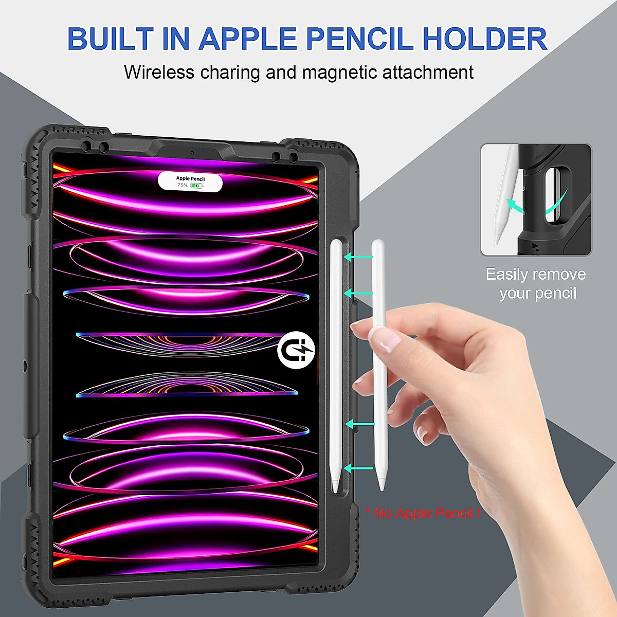 SUPFIVES Case for iPad Pro 12.9 2022 6th Generation: Upgraded Military Grade Shockproof Protective Silicone Cover for iPad 12.9 Inch 5th Gen 2021-Pencil Holder-Handle-Shoulder Strap-Kick Stand-Black