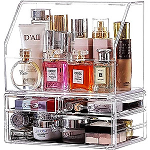 Cq acrylic Cosmetic Display Cases With LId Dust Water Proof for Bathroom Countertop Stackable Large Clear Makeup Organizer and Storage With 3 Drawers,Set of 2