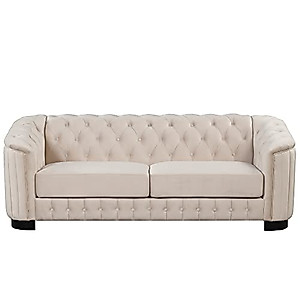 Merax Mid-Century Modern 3 Seater Sofa with Thick Removable Seat Cushion, and Rubber Wood Legs, Velvet Upholstered Couch for Living Room, Bedroom, or Small Space, Beige