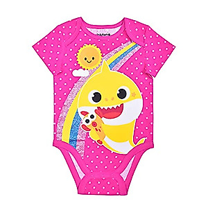 Nickelodeon Baby Shark Girls’ 3 Pack Short Sleeve Bodysuit for Newborn and Infant – Pink/Grey