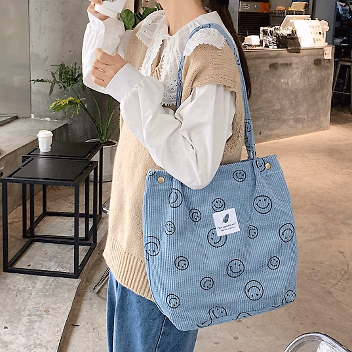 JARKJARD Corduroy Tote Bag Aesthetic Cute Tote Bags Large School Shoulder Bags for Teen Girls Trendy Stuff(Blue)