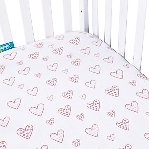 Biloban Crib Sheets Fitted, 2 Pack Crib Sheet Fits for Standard Crib and Toddler Mattress, 100% Jersey Knit Cotton Crib Sheet for Baby Boys & Girl, Pink Heart Stripes