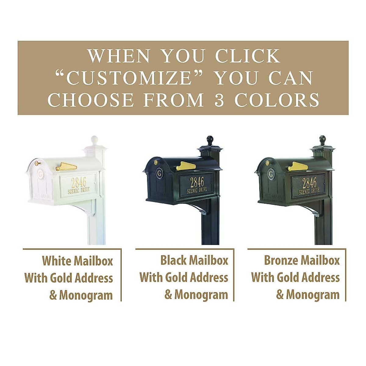 Whitehall™ Personalized Whitehall Balmoral Mailbox with Side Address Plaques, Monogram & Post Package (3 Colors Available)