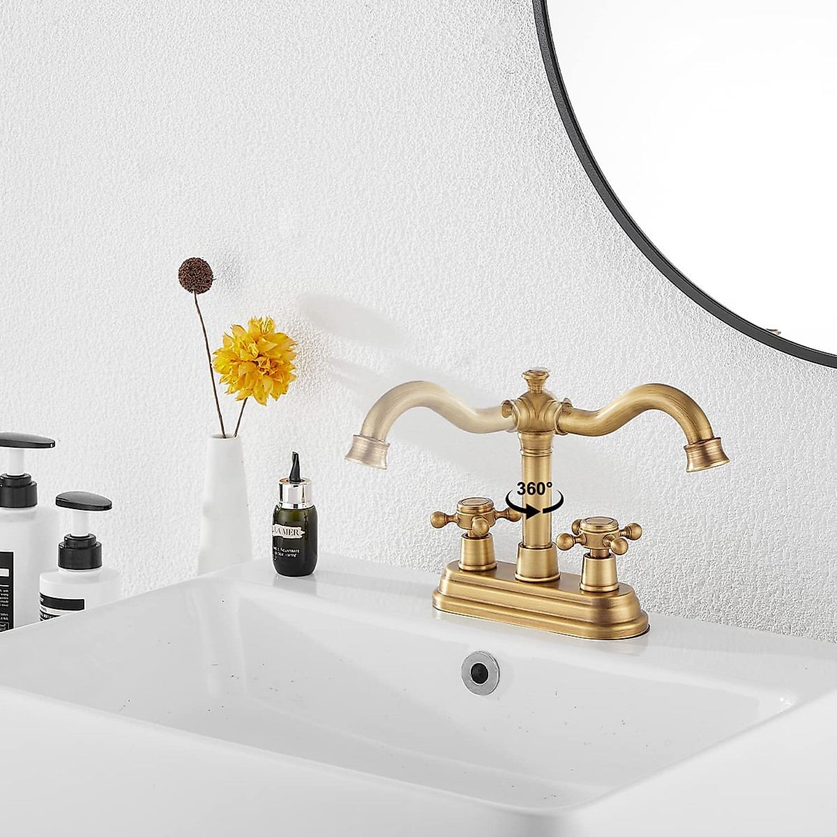 Bathroom Faucet Antique Brass GGStudy 2 Handles 4 Inches Centerset RV Bathroom Vanity Faucet with Drain Assembly and Supply Hose Lavatory Faucet Mixer Double Handle Tap