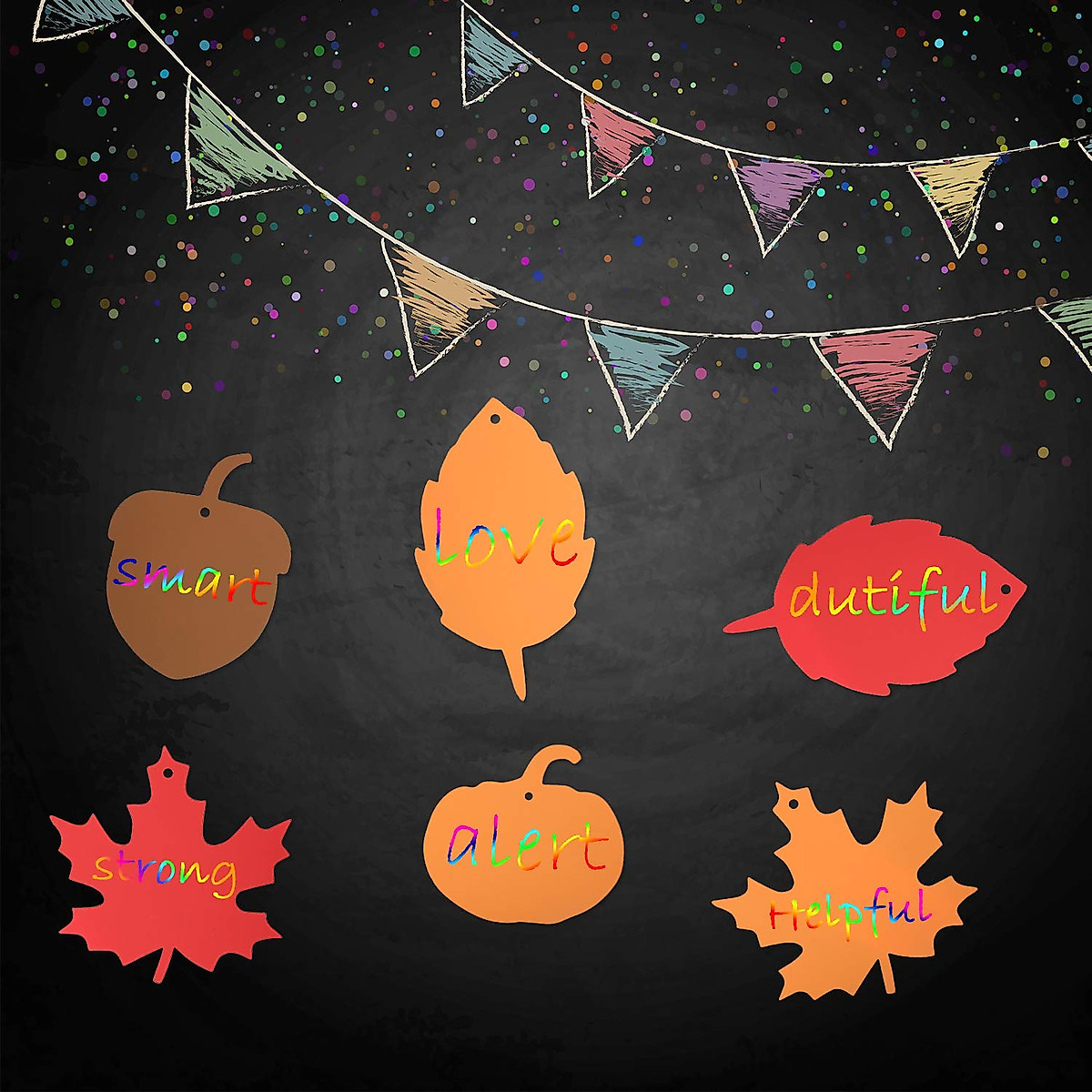 Gejoy 70 Pieces Thanksgiving Rainbow Scratch Paper Craft Kit Scratch Off Paper Fall Leaves Pumpkins Acorns Pattern Paper with Ribbons and Wooden Styluses for Harvest Party Decorations