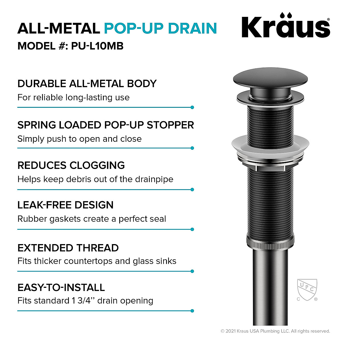 Kraus PU-L10MB Bathroom Pop-Up Drain Assembly for Vessel Sinks Without Overflow, with Extended Thread for Thicker Countertops, 10 3/4 Inch, Matte Black