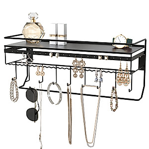 Gothic Wall Mounted Jewelry Organizer - Hanging Necklace, Earring, Bracelet Holder with Hooks and Shelf - Goth Room Decor, Iron Jewelry Display Storage Rack for Bedroom & Closet-MK238A