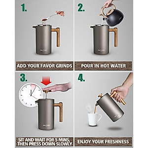 POLIVIAR French Press Coffee Maker, 34 Ounce Coffee Press with Real Wood Handle, Double Wall Insulation & Dual-Filter Screen, Food Grade Stainless Steel for Good Coffee and Tea (Cliff)