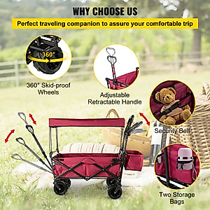 Collapsible Garden Cart with Removable Canopy, XL Folding Wagon Utility Carts for Camping, Grocery, and Shopping, Red