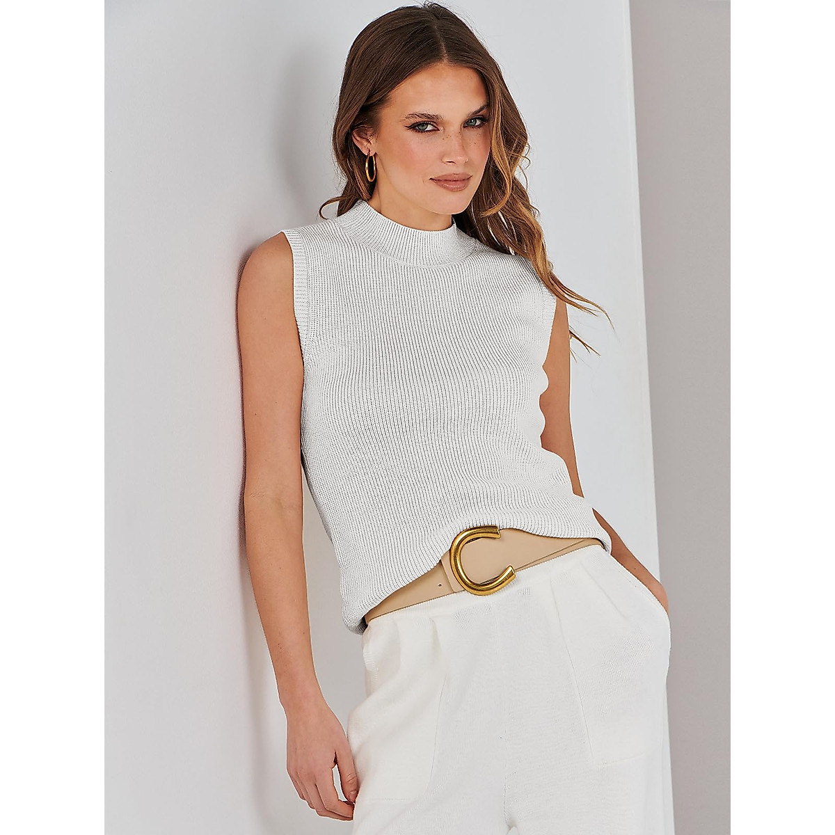 ANRABESS Womens Summer Sleeveless Tops Casual Mock Neck Loose Fit Knit Lightweight Sweater Pullover Top White-XL