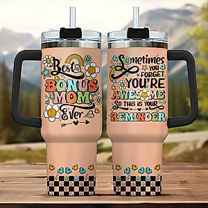 99OWL For Day Momma Cups Be Mothers Cup Women Straws Mama Green Brown Insulated, Bonus Mom Checked Inspiration, Tumbler 40 Oz With Handle Lid And Straw, Bonus Mom Gifts