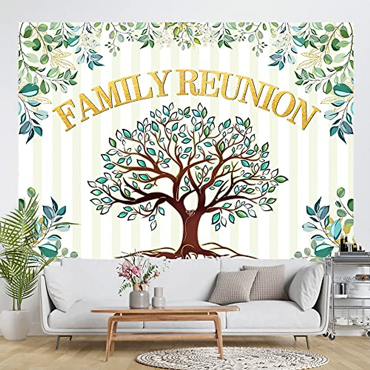 9x6ft Family Reunion Backdrop Family Tree Leaves Welcome to Our Family Members Photography Background Gathering Gold and Green Party Decorations Supplies Photo Banner Booth Props