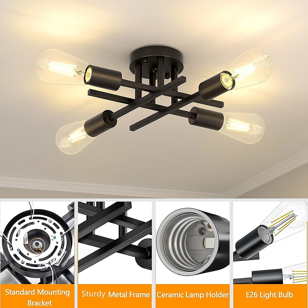 Lomoky Industrial 4-Light Semi Flush Mount Ceiling Light Fixture, Modern Black Close to Ceiling Light, Farmhouse Chandelier Ceiling Lamp for Hallway Kitchen Bedroom Living Room (2 Pack)