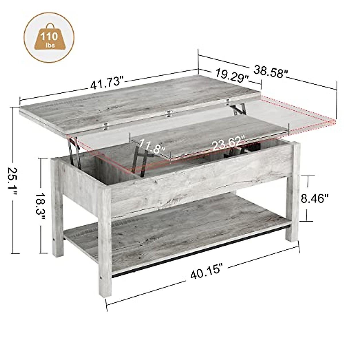 FABATO 41.7" Lift Top Coffee Table, 4 in 1 Multi-Function with Storage for Living Room, Coffee Table Converts to Dining Table for Dining Reception Room, Gray
