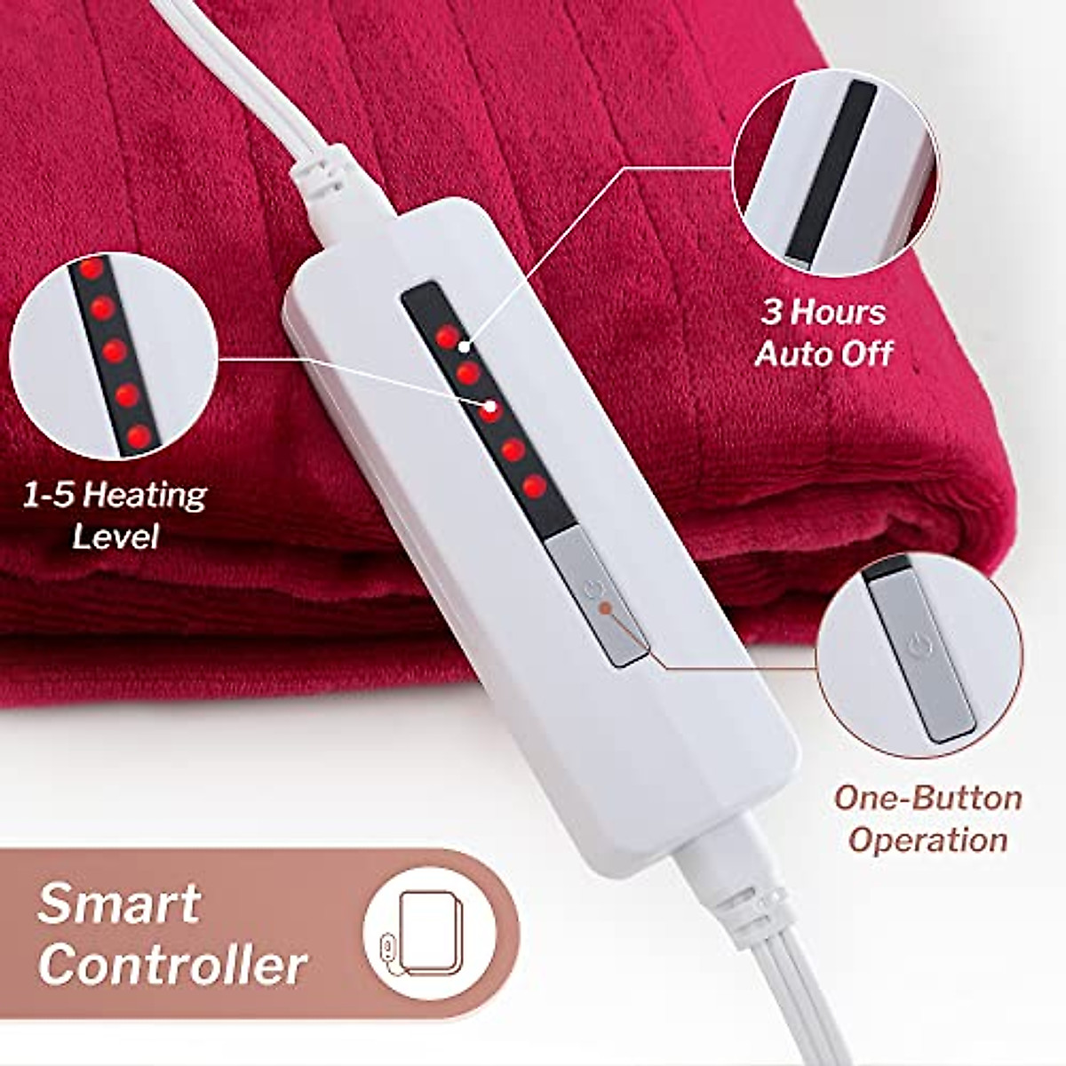 CORIWELL Heated Blanket Electric Throw - 50" x 60" Full Body Size Heating Blanket - 5 Heating Setting Soft Flannel Electric Blanket with 3 Hours Auto Shut Off, Machine Washable(Rose Red)