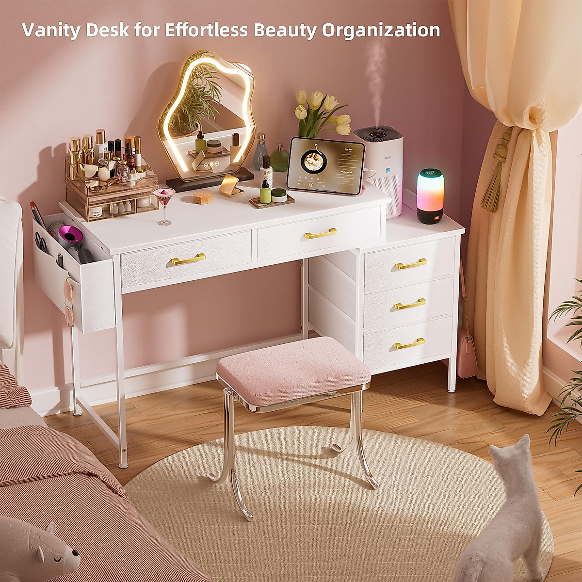 YILQQPER Vanity Desk without Mirror, Makeup Vanity with 5 Fabric Drawers, White Vanity Desk Dressing Vanity Table with Charging Station, 50 Inch Large Girl Vanity, Desk Make Up Vanity for Girls, White