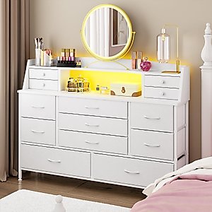 Fixwal White Dresser for Bedroom with 13 Drawers, Fabric Chest of Drawers with PU Finish for Kids, Girls, Adults, Nursery, Living Room, Closet, Entryway, Hallway (No LED Lights)