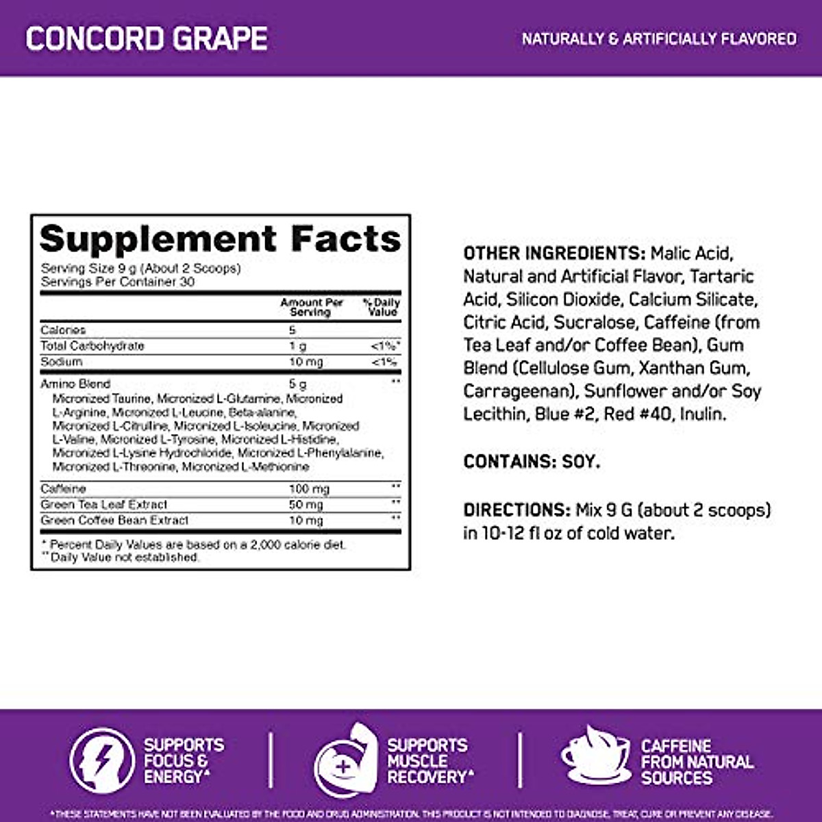 Optimum Nutrition Amino Energy - Pre Workout with Green Tea, BCAA, Amino Acids, Keto Friendly, Green Coffee Extract, Energy Powder - Concord Grape, 30 Servings