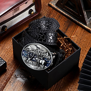 Photect Western Leather Buckle Belts Cowboy Deer Buckle Belt Wildlife Elk Buckle Belt Floral Engraved Cowboy Belts for Men (Black)