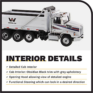Diecast Masters Western Star 4700 SB Dump Truck - White | Real Truck Specifications, Tandem with Lift Axle and Dump | 1:50 Scale Model Semi Trucks | Diecast Model 71034