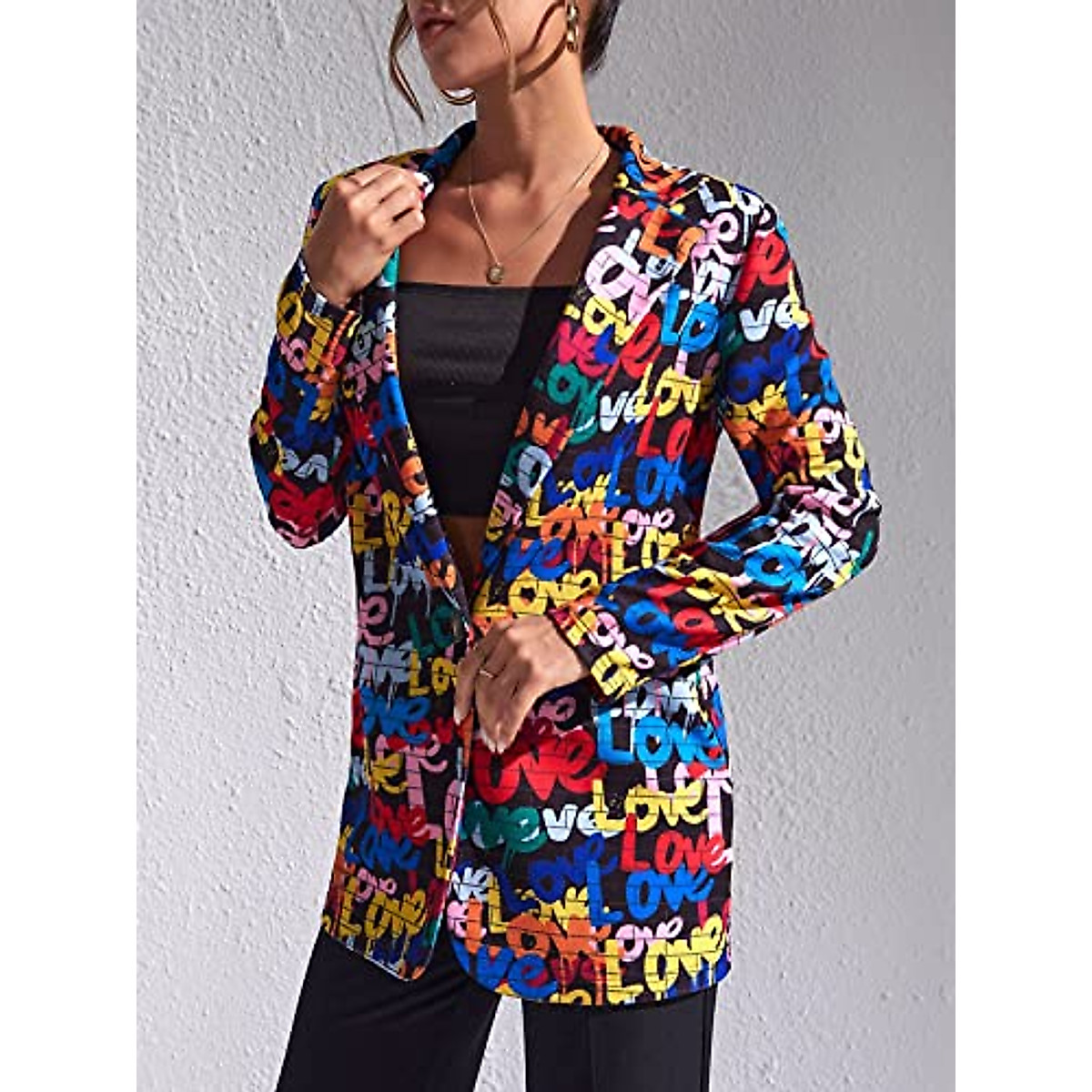 WDIRARA Women's Color Block Graphic Print Long Sleeve Lapel Blazer Jacket Multicolor Letters L